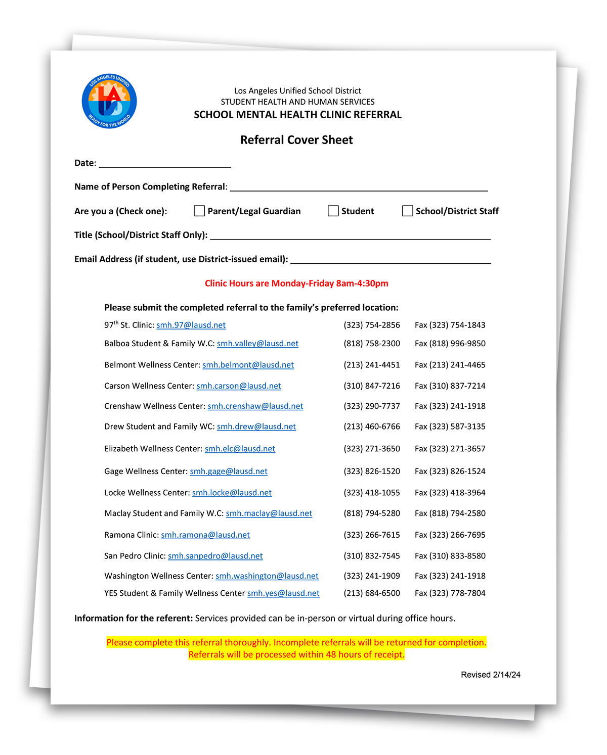 School Mental Health / Clinics and Wellness Centers Program